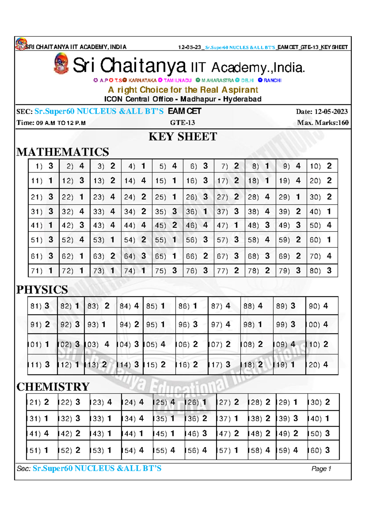 12-05-2023 Sr.Super 60 Nucleus &ALL BT’S Eamcet GTE-13 KEY & SOL'S ...
