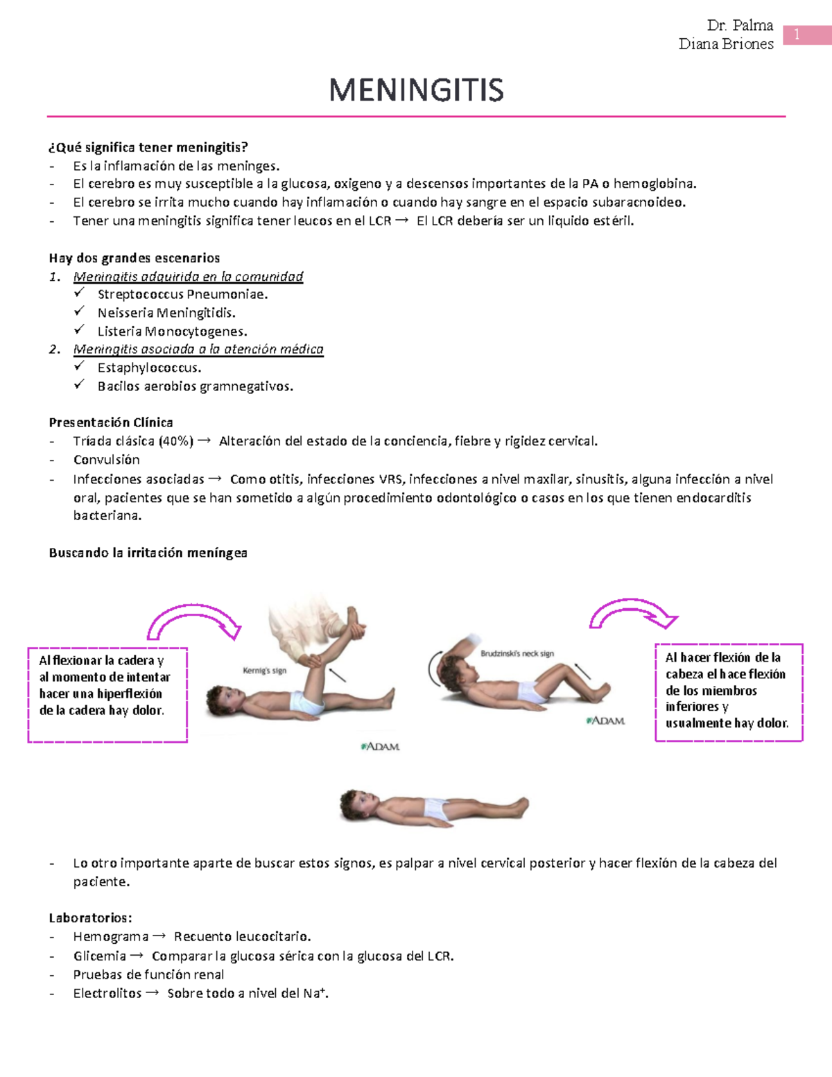 1. Meningitis - ....................... - 1 Dr. Palma Diana Briones ...