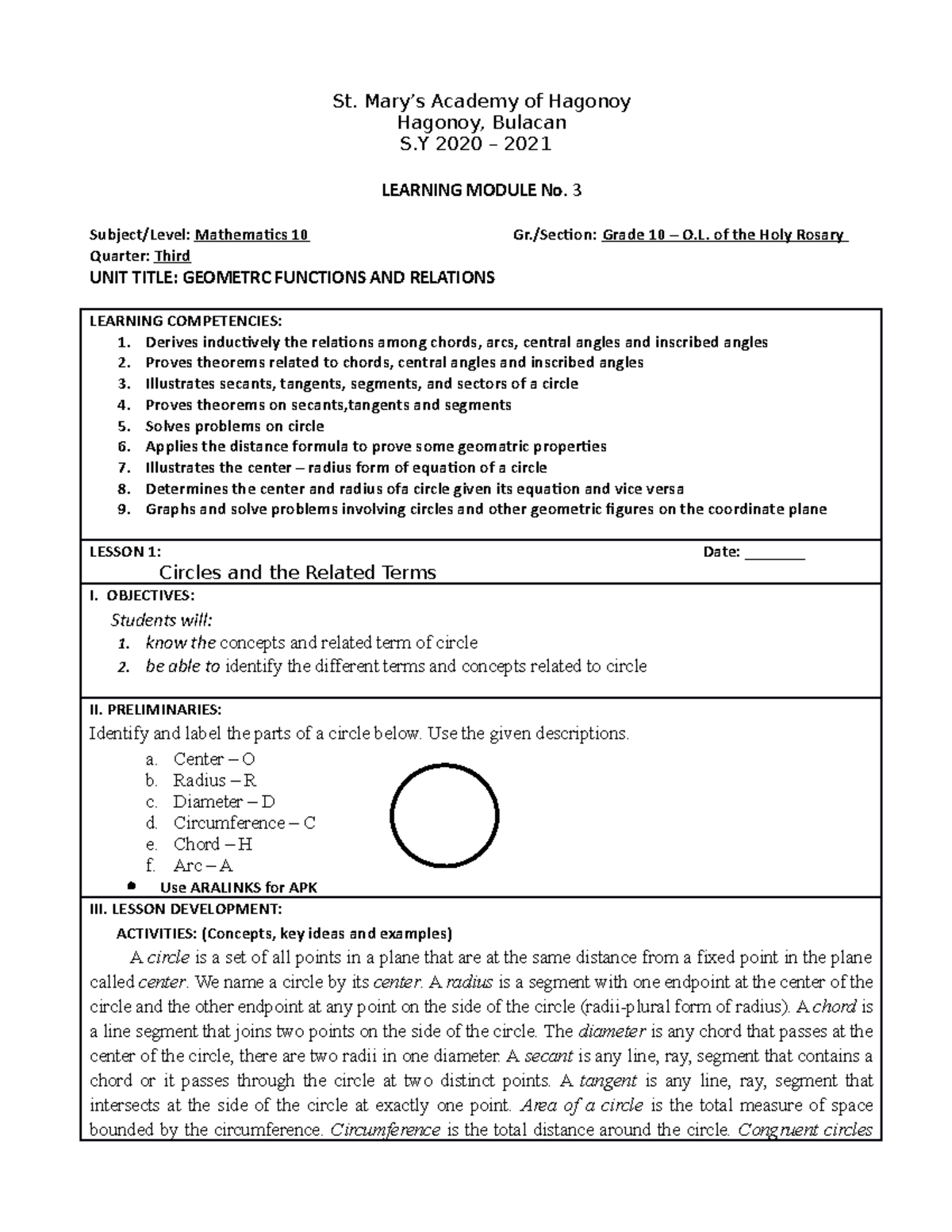 Math 10 3rd Quarter Learning Module No 3 Lessons 1 10 St Mary s