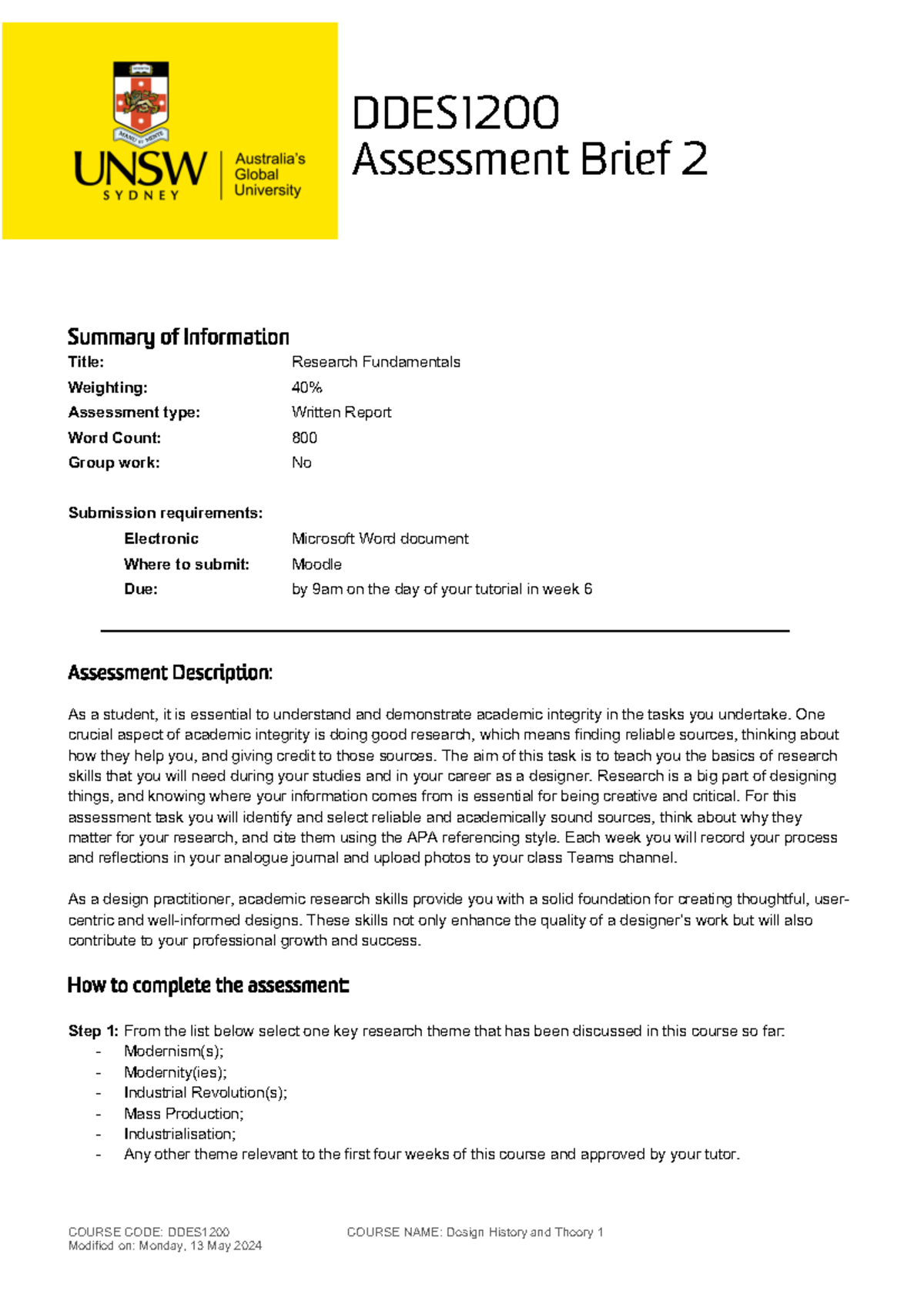 DDES1200 Assessment Brief 2 (T2 2024) - DDES120 0 Assessment Brief 2 ...