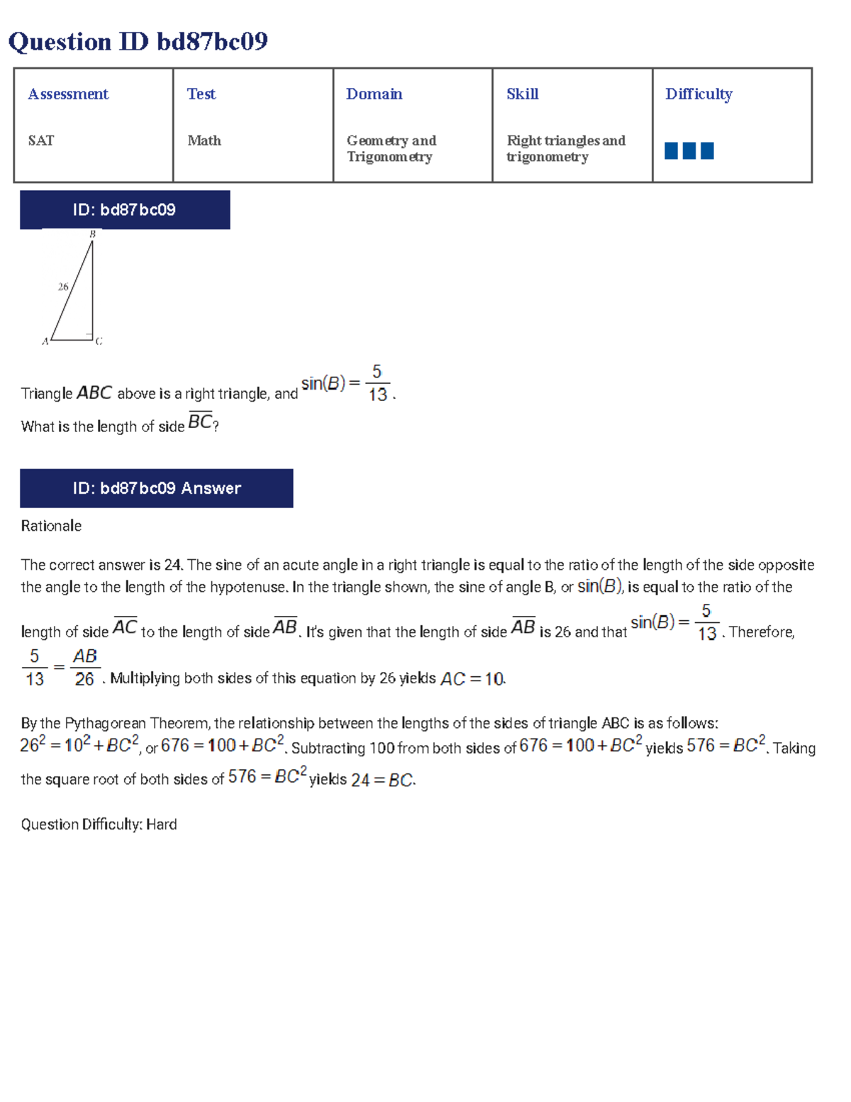Right Triangles and Trigonometry (Hard) Answers - Question ID bd87bc ID ...