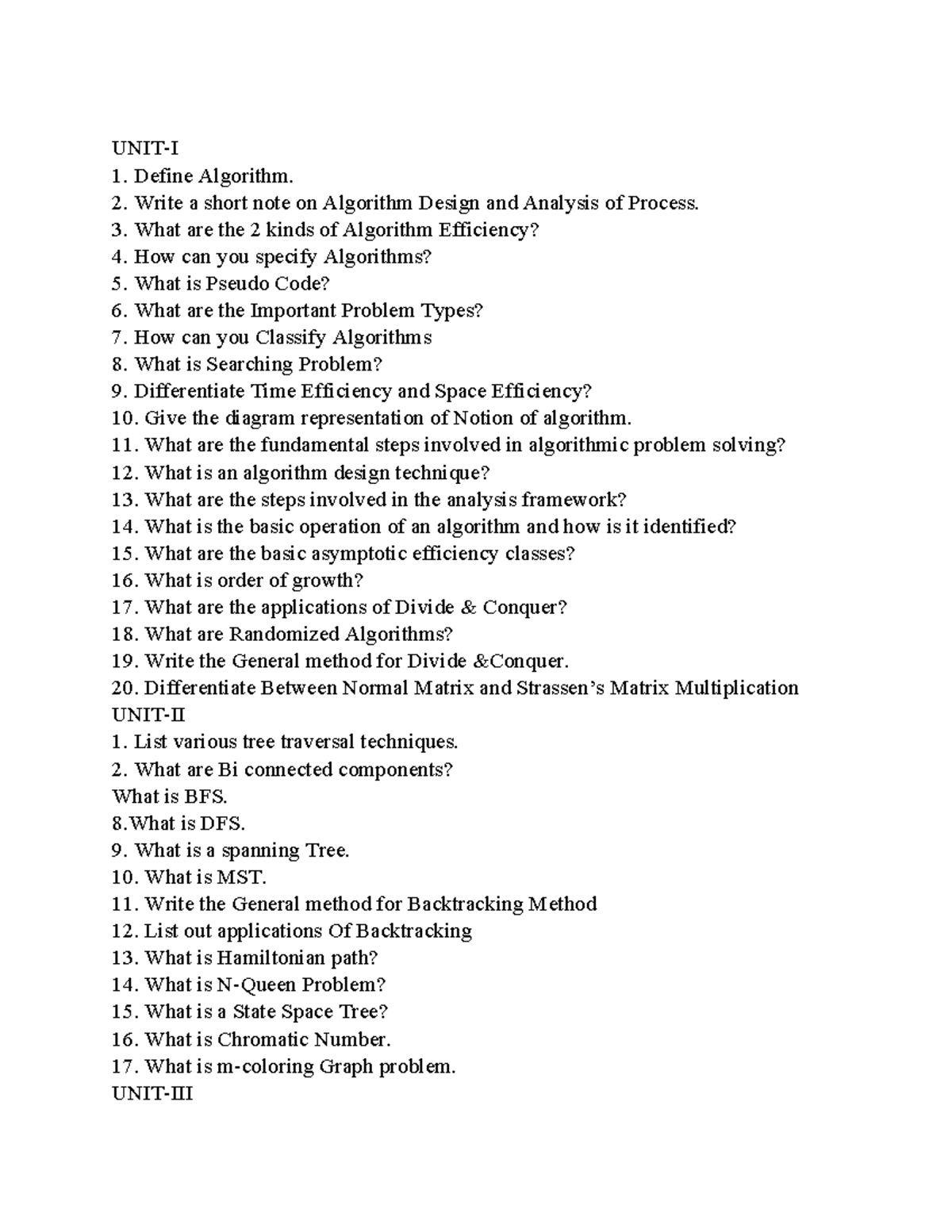 Daa2marksquestion - UNIT-I Define Algorithm. Write a short note on Algorithm Design and Analysis ...