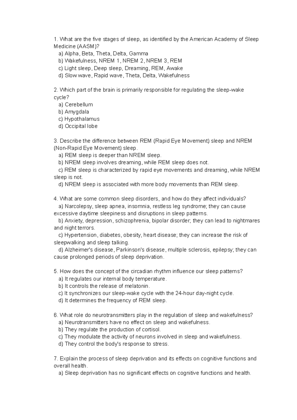 Bio Psych - Sleep and Waking Practice Quiz - What are the five stages ...