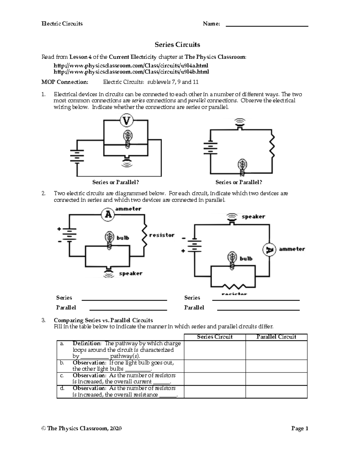 Series circuits - Electric Circuits Name: Series Circuits Read from ...