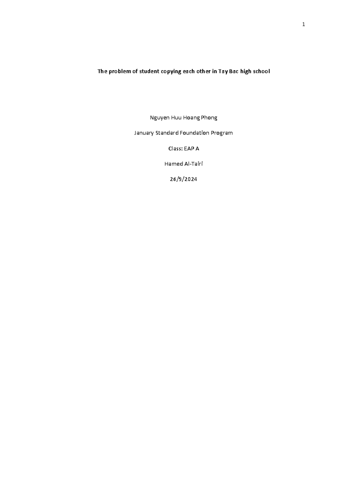 Report final draft - ooonga boonga - The problem of student copying each other in Tay Bac high ...