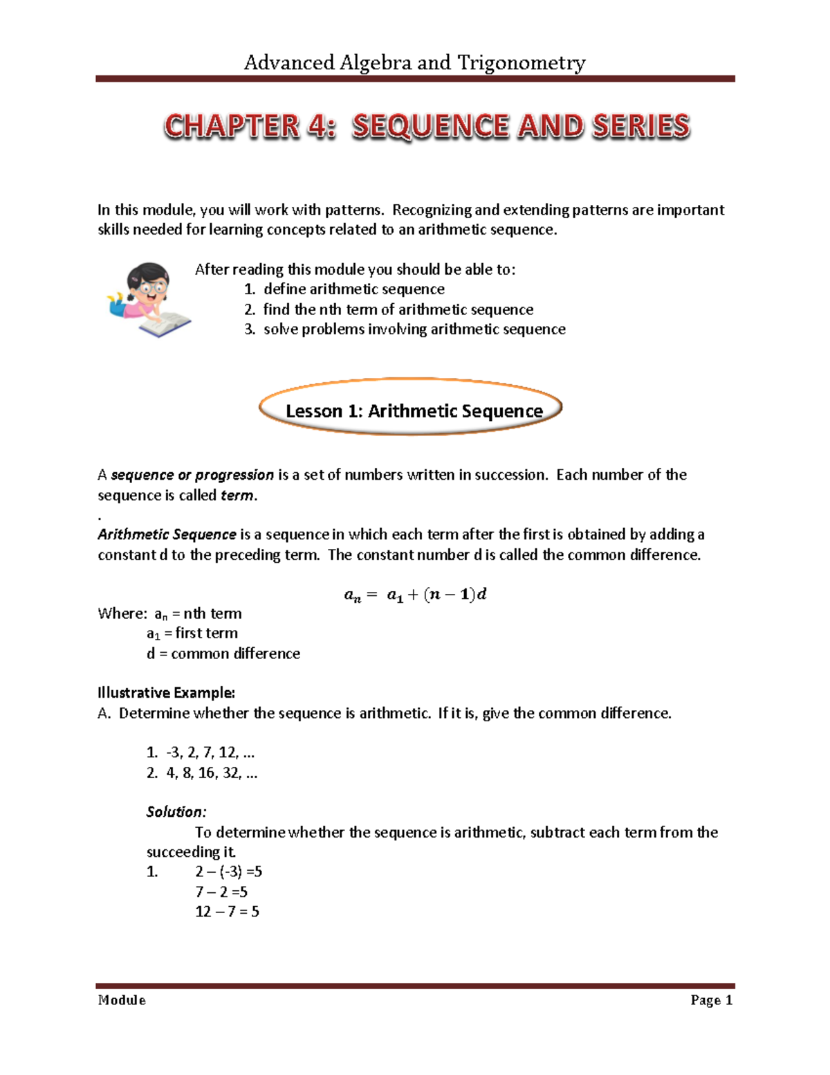 Chapter 4 Sequences AND Series General - In this module, you will work with patterns ...