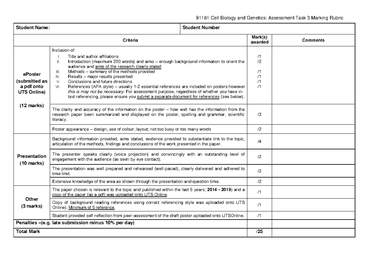 Marking rubric-updated for CBG - 91161 Cell Biology and Genetics ...