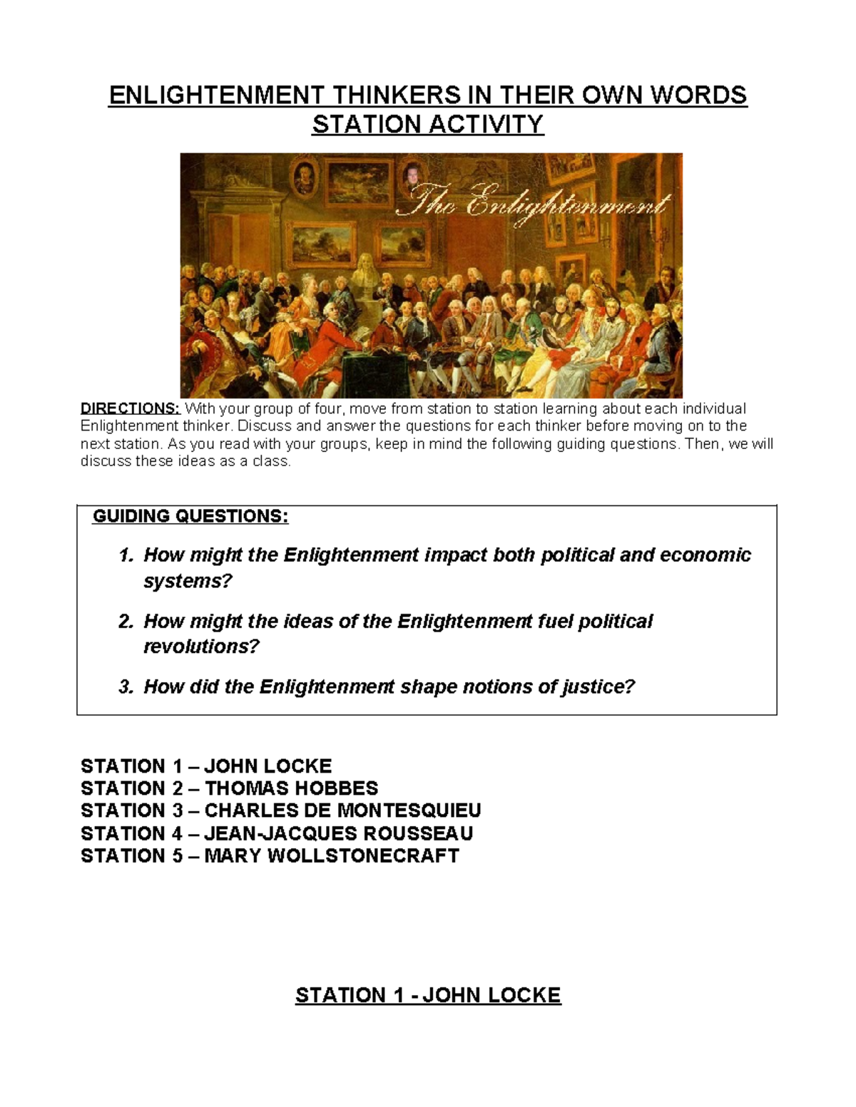 Enlightenment Thinkers Station Activity - ENLIGHTENMENT THINKERS IN ...