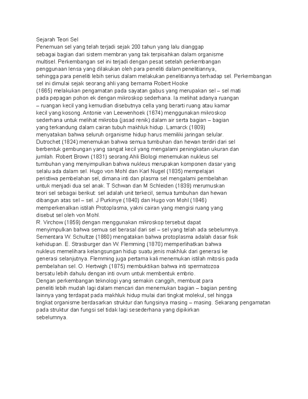 Sejarah Teori Sel - CATATAN - Sejarah Teori Sel Penemuan sel yang telah ...