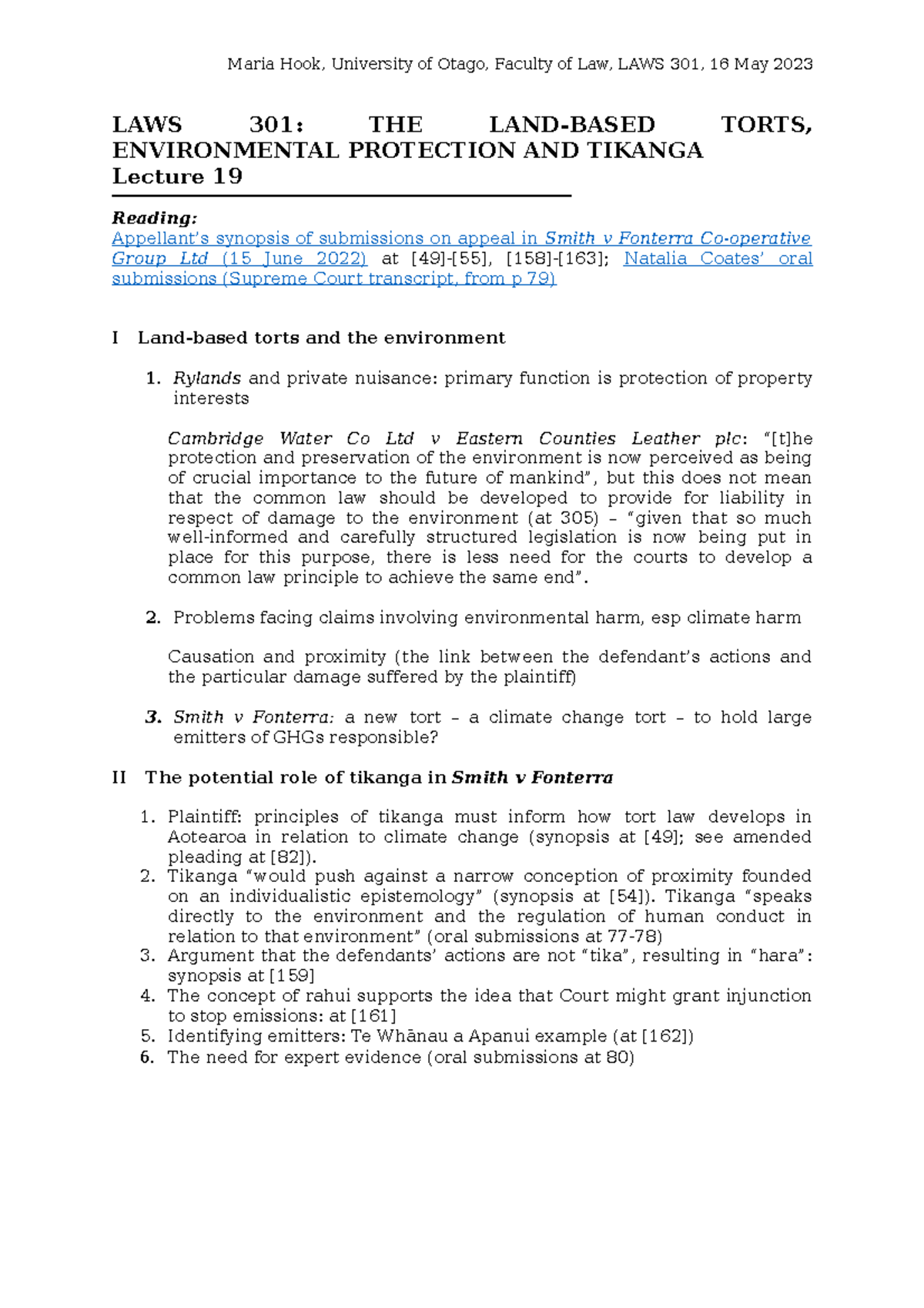 Lecture 19 The Land-based torts and tikanga - Maria Hook, University of ...