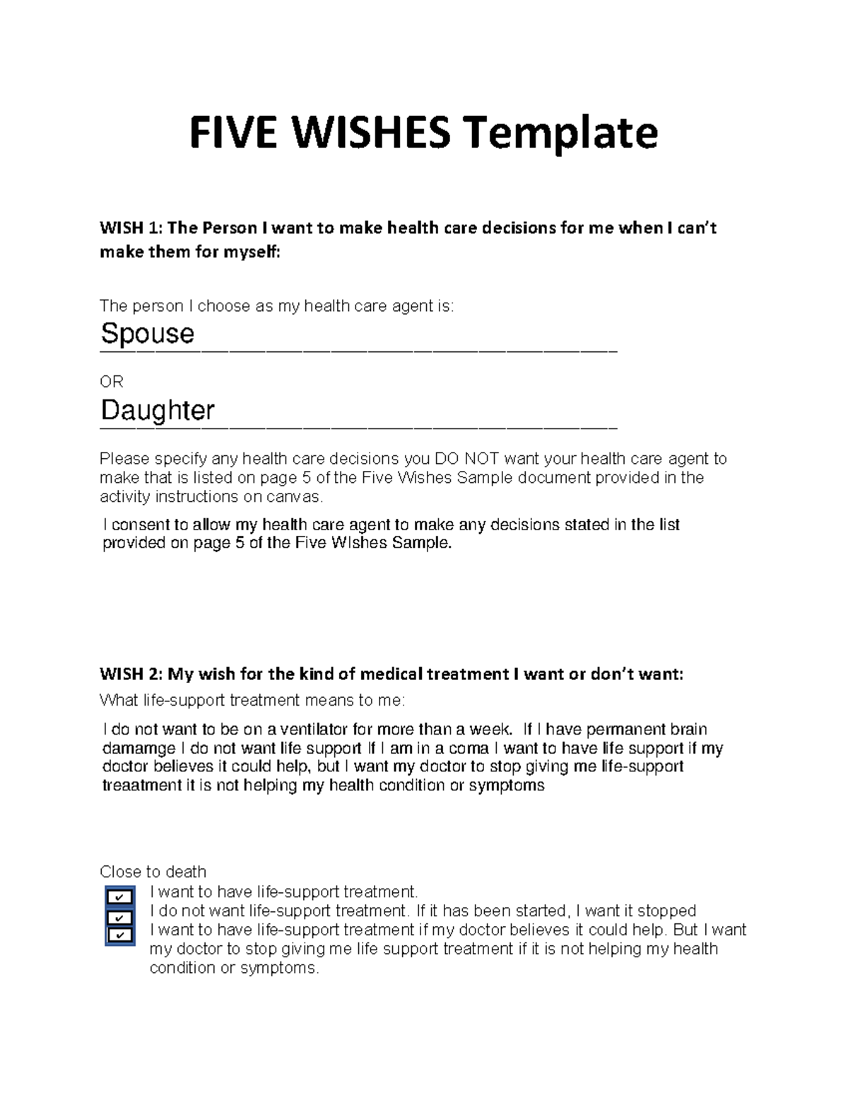 Five Wishes Template - Living Will - FIVE WISHES Template WISH 1: The ...