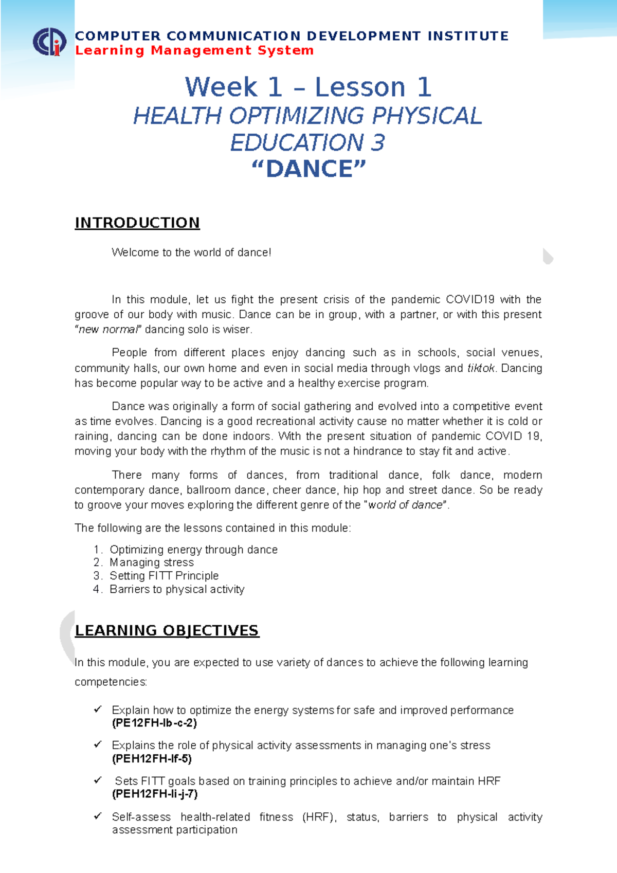 PE12 Week 1 - Copy - enjoy - ####### Learning Management System Week 1 ...