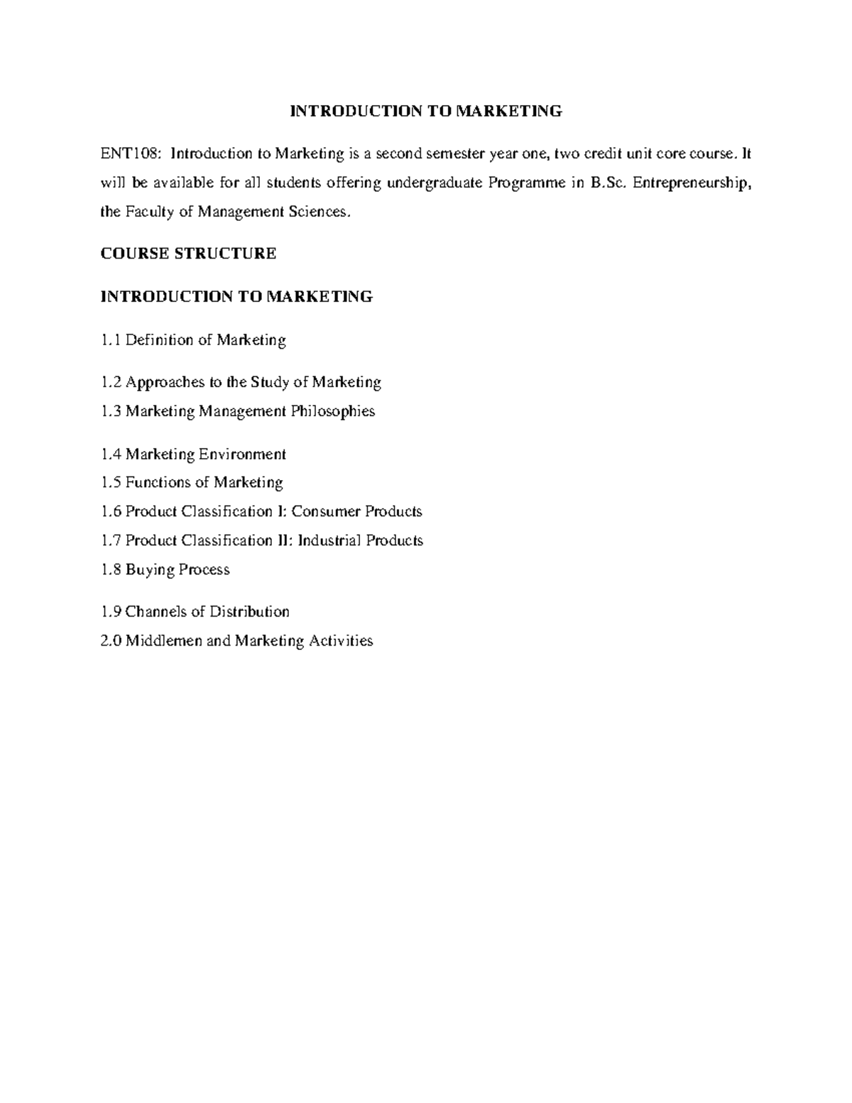 Introduction TO Marketing (ENT 108) - INTRODUCTION TO MARKETING ENT108 ...