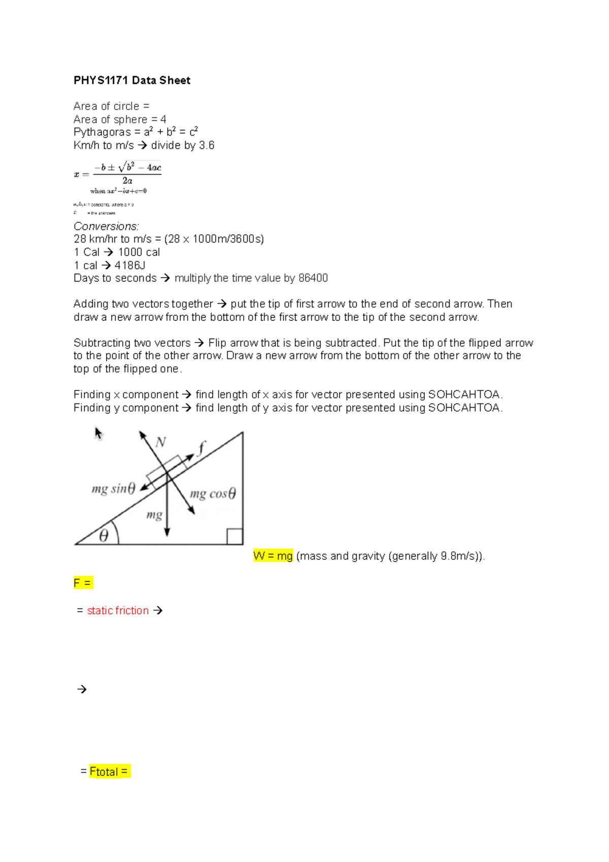 PHYS1171 Summary - PHYS1171 Data Sheet Area of circle = Area of sphere ...
