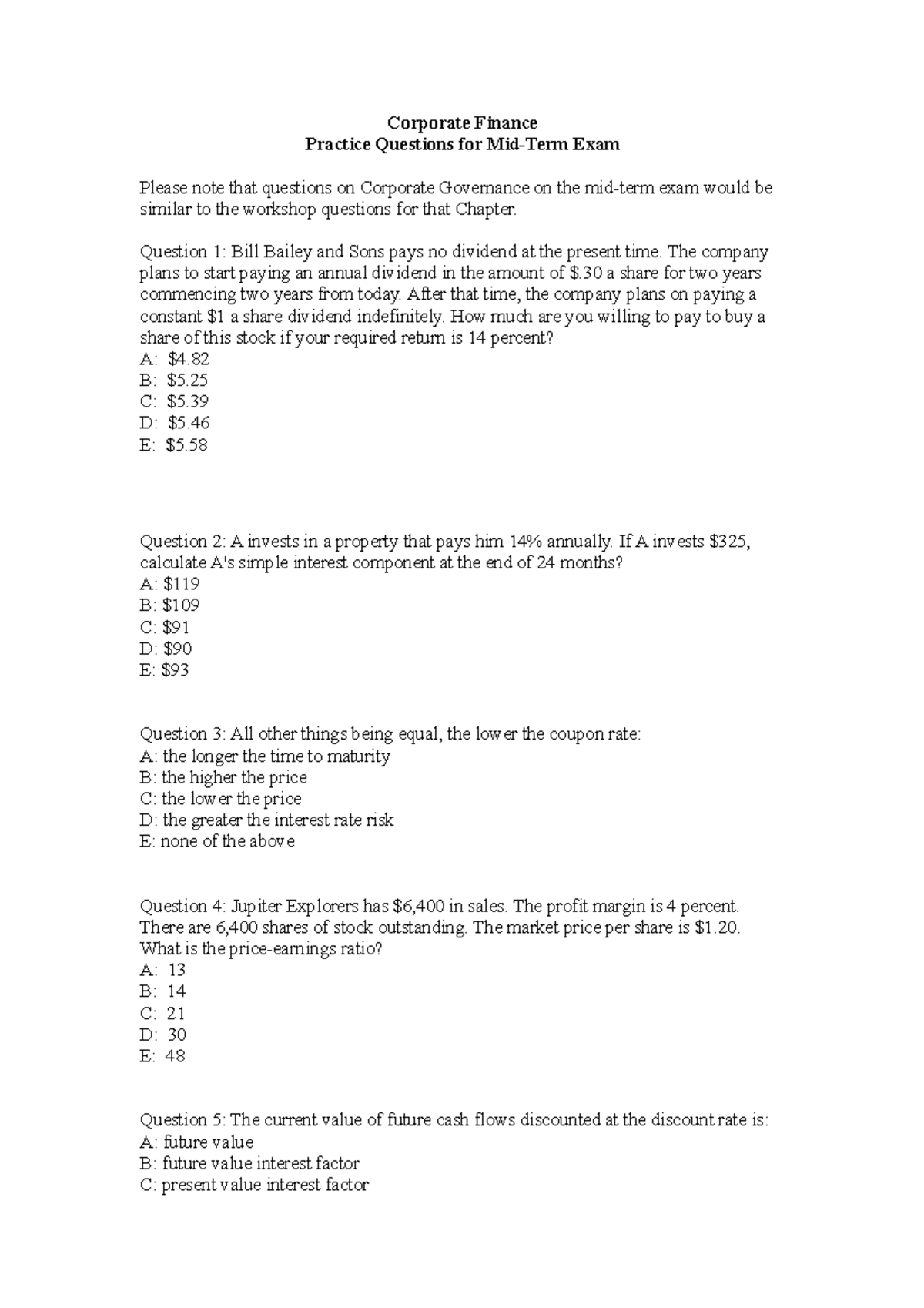 Corporate Finance Practice Questions Mid - Corporate Finance Practice ...