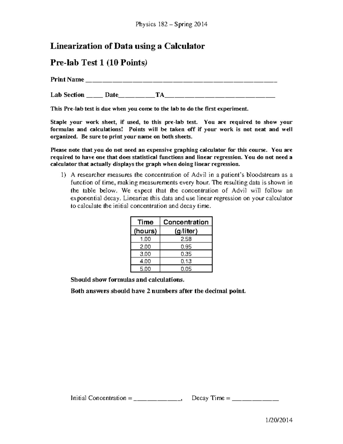182 Prelab 1 Spr14 - Physics 182 – Spring 2014 1/20/ Linearization of ...