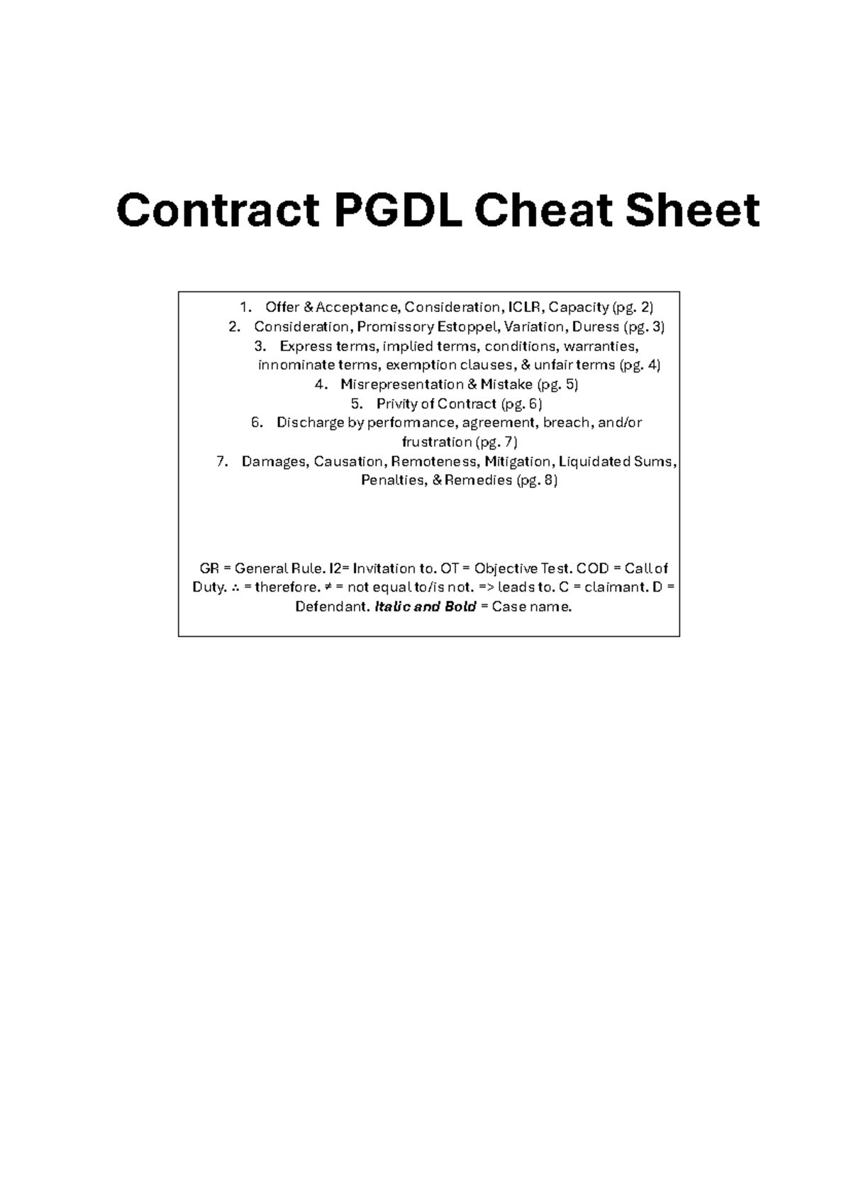 Contract - Cheat Sheets - Contract PGDL Cheat Sheet Offer & Acceptance ...