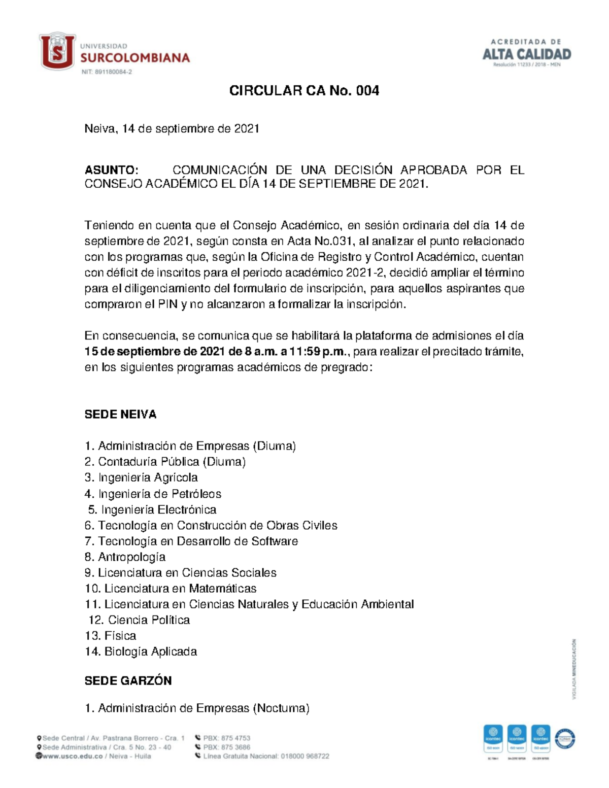 Circular 004 de 2021 - Oferta y demanda - CIRCULAR CA No. 004 Neiva, 14 ...