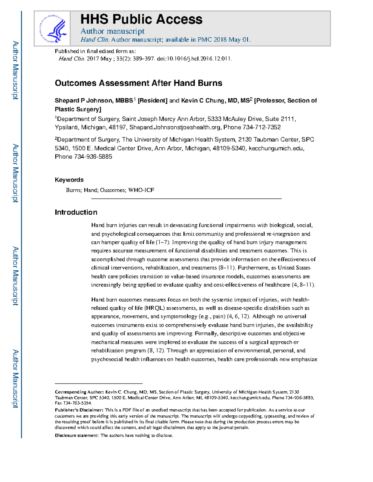 Outcomes Assessment After Hand Burns - Outcomes Assessment After Hand ...