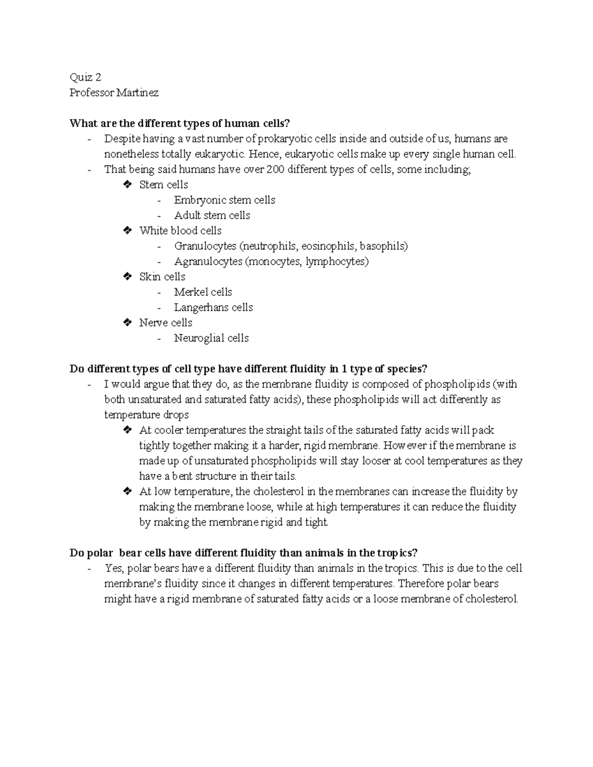 Diffrent types of humman cells extra credit bio - Quiz 2 Professor ...