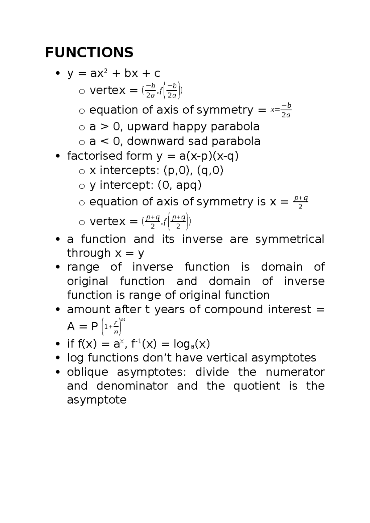 Functions notes - FUNCTIONS y = ax 2 + bx + c o vertex = ( −b 2 a , f ...