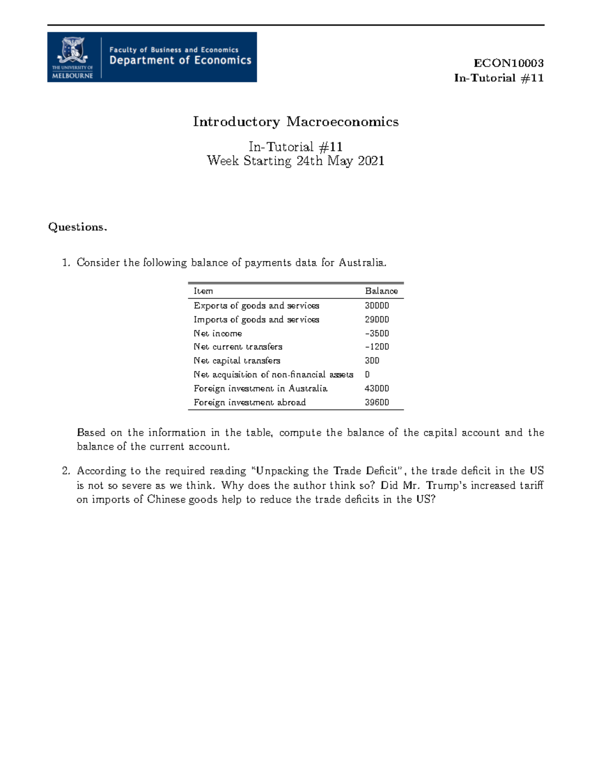 In tutorial 11 solutions - ECON In-Tutorial # Introductory Macroeconomics In-Tutorial Week ...