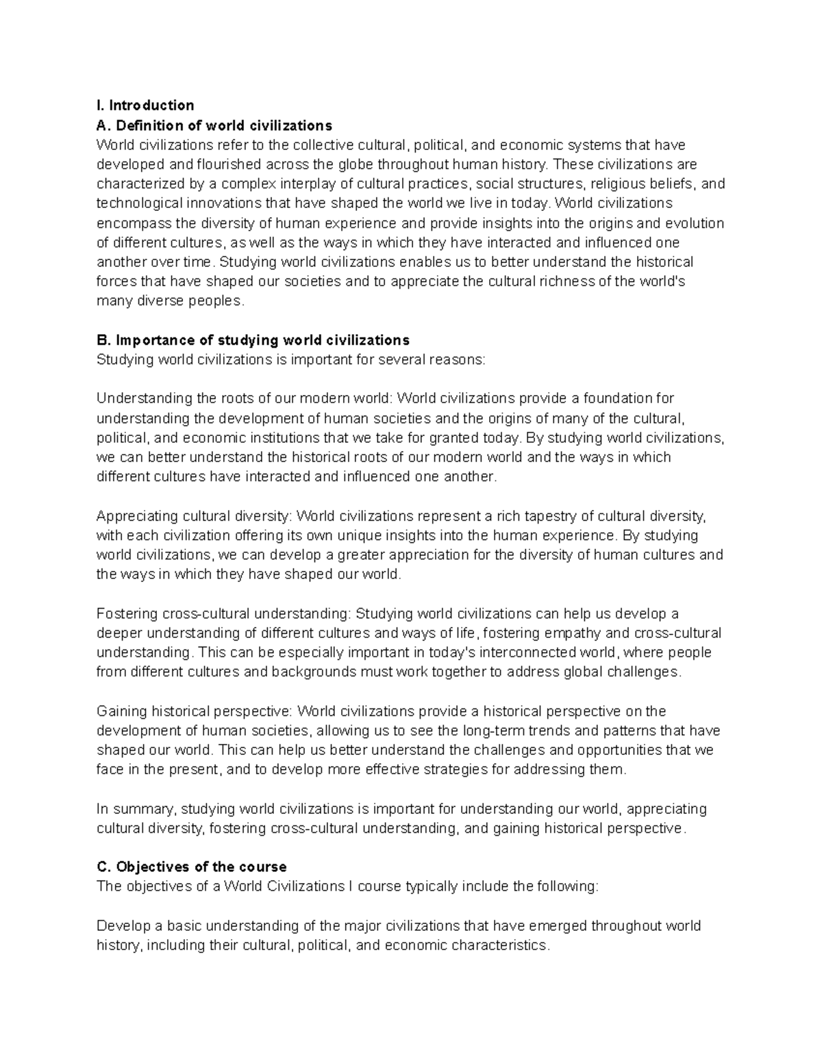 HIS-111 World Civilizations I Notes - I. Introduction A. Definition of ...