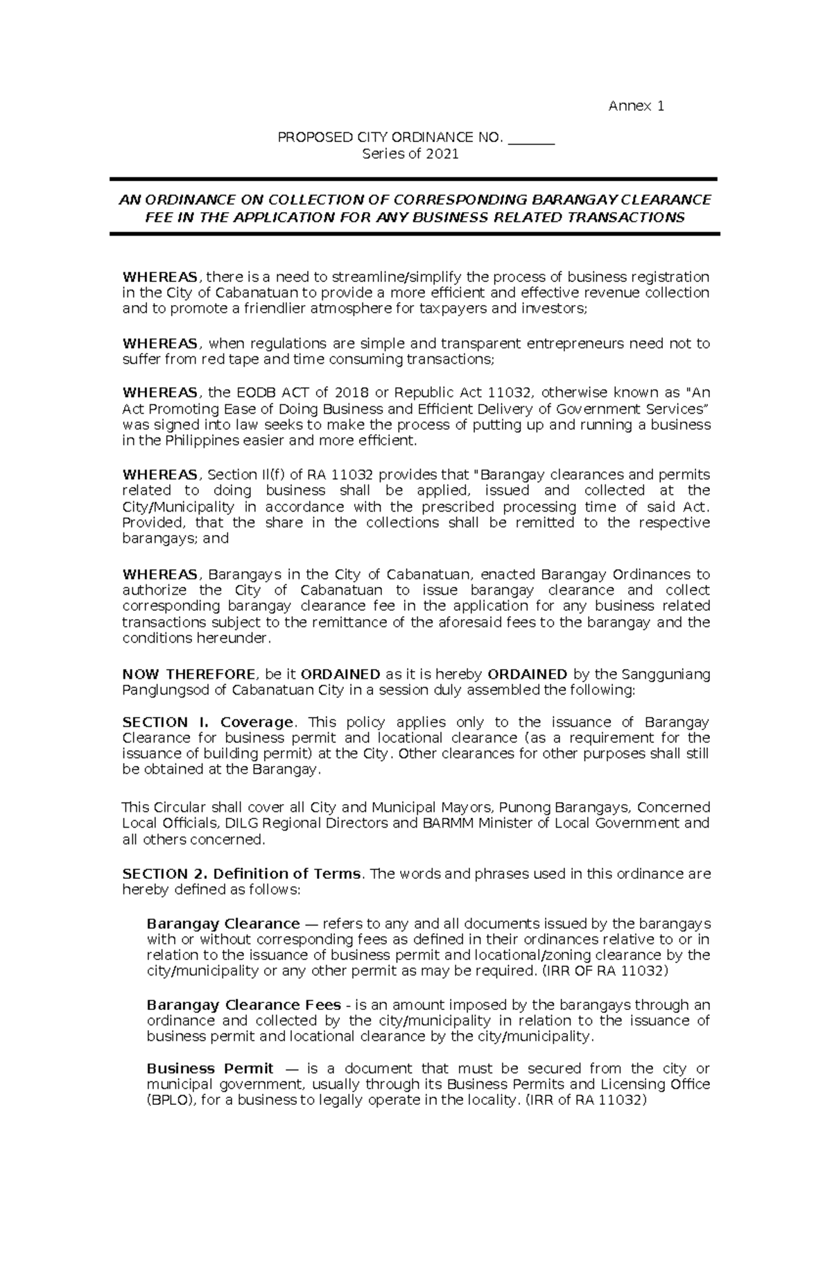 Proposed Barangay Ordinance Draft - Annex 1 PROPOSED CITY ORDINANCE NO ...