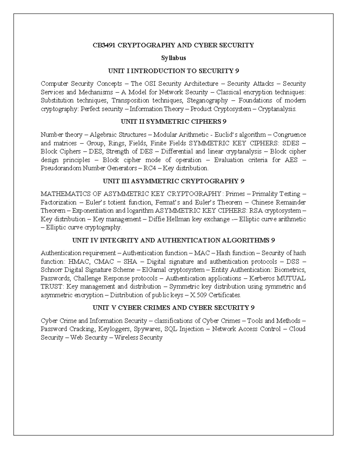 CB3491 Cryptography AND Cyber Security - CB3491 CRYPTOGRAPHY AND CYBER SECURITY Syllabus UNIT I ...