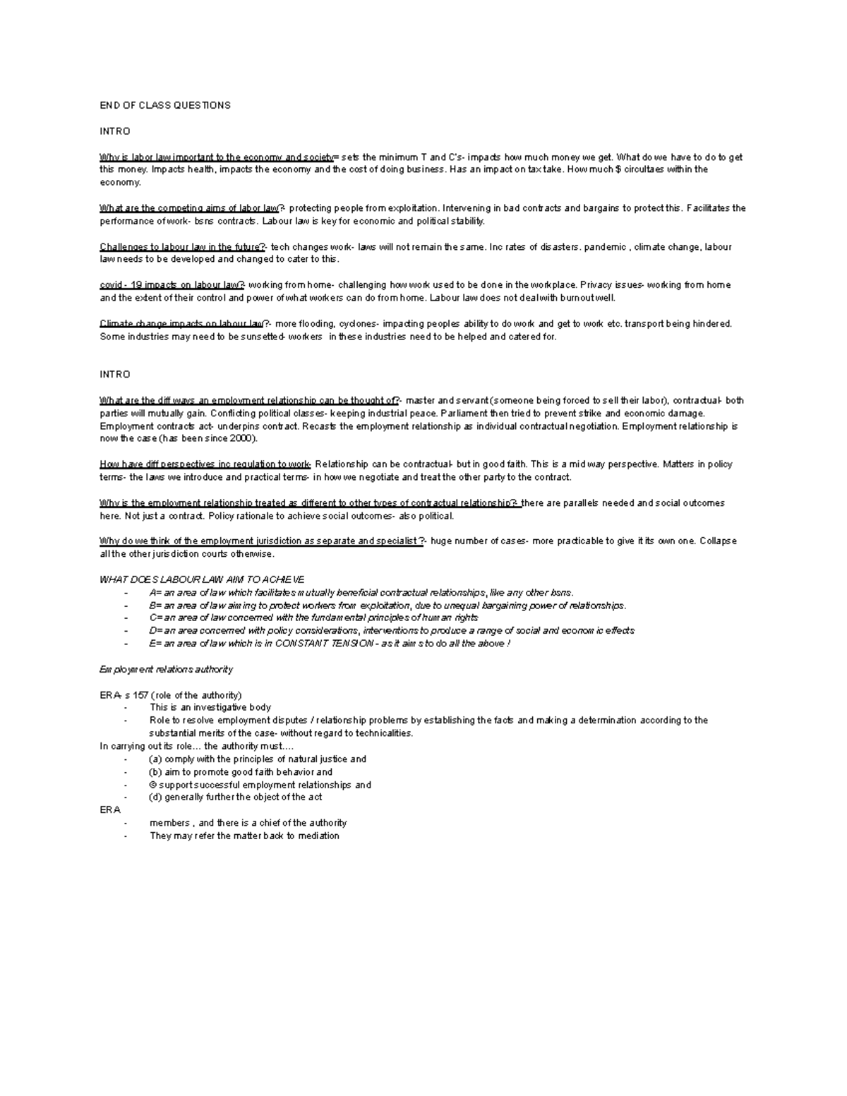 Labour law end of class questions and essay examples-2 - END OF CLASS ...