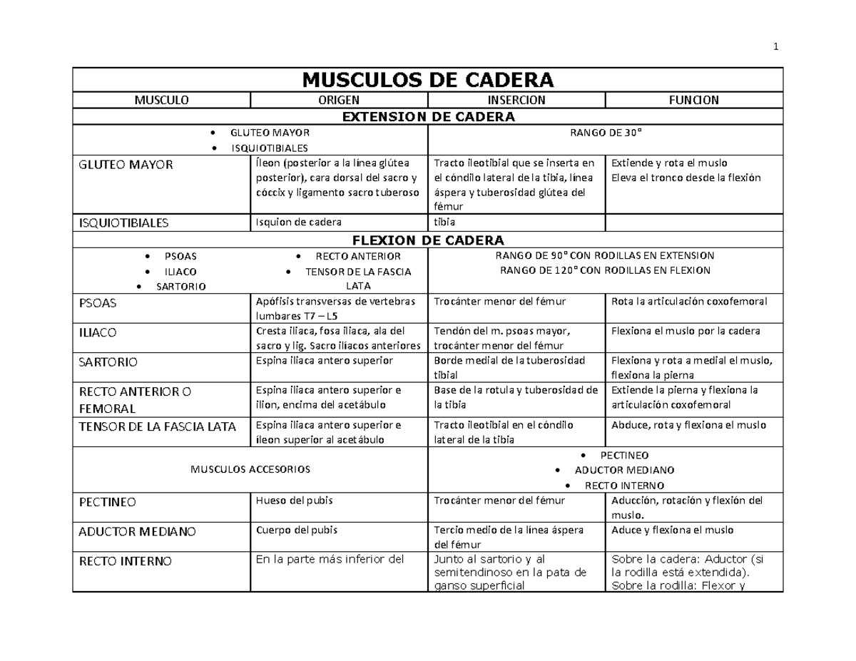Anatomia- Musculos Cadera Tabla - 1 MUSCULOS DE CADERA MUSCULO ORIGEN ...
