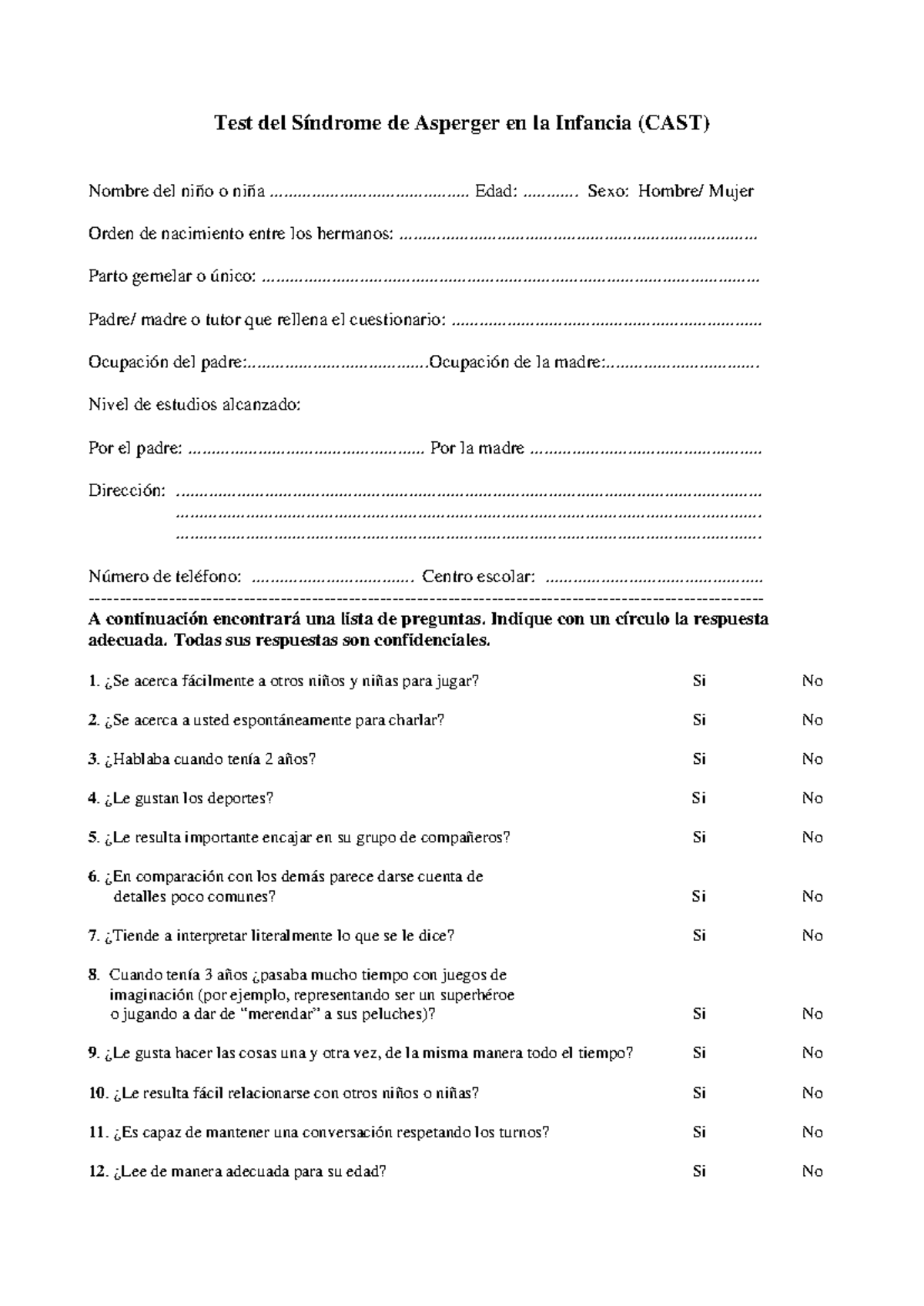 CAST Espanol - pruebas autismo - Test del Síndrome de Asperger en la ...