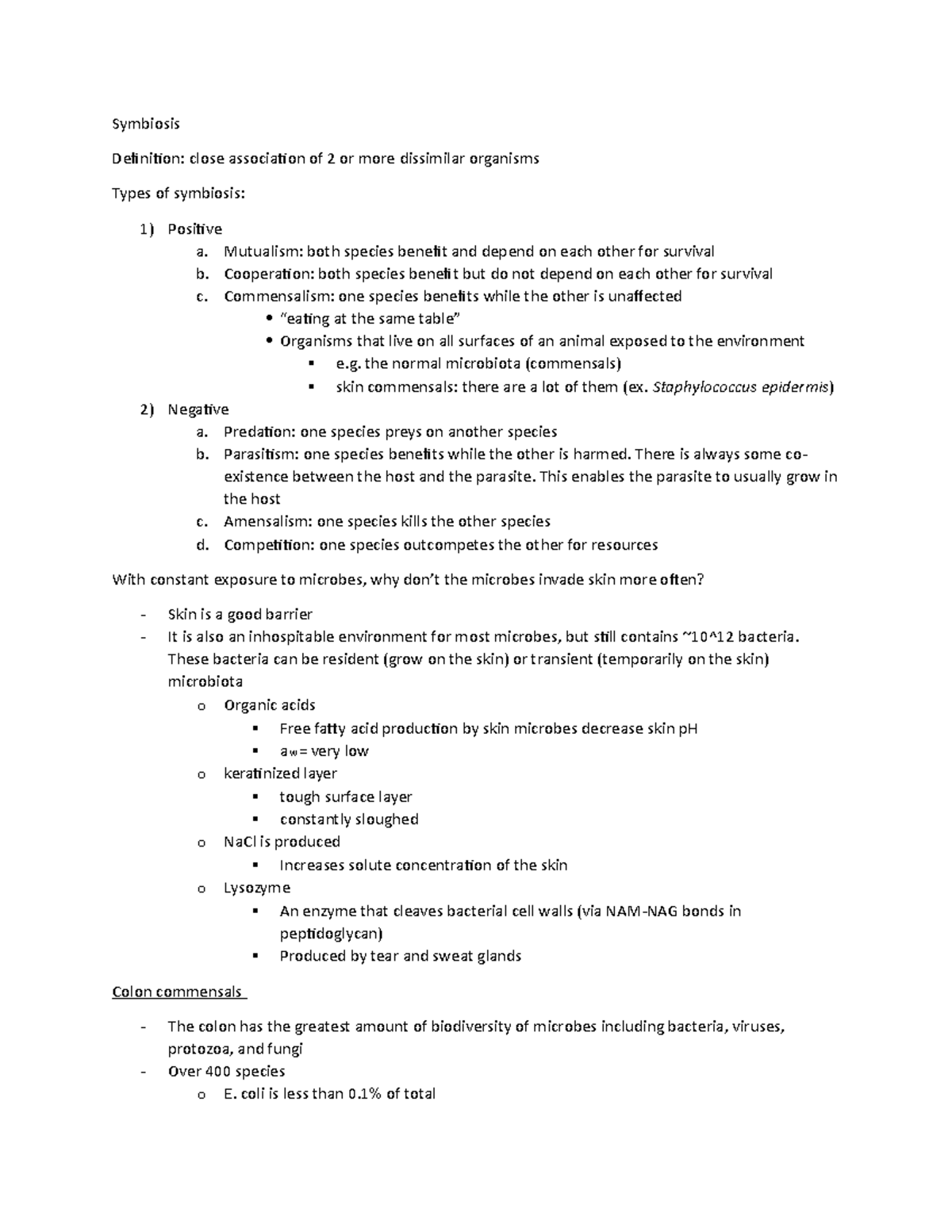 BISC 303 - Symbiosis notes - Symbiosis Definition: close association of ...