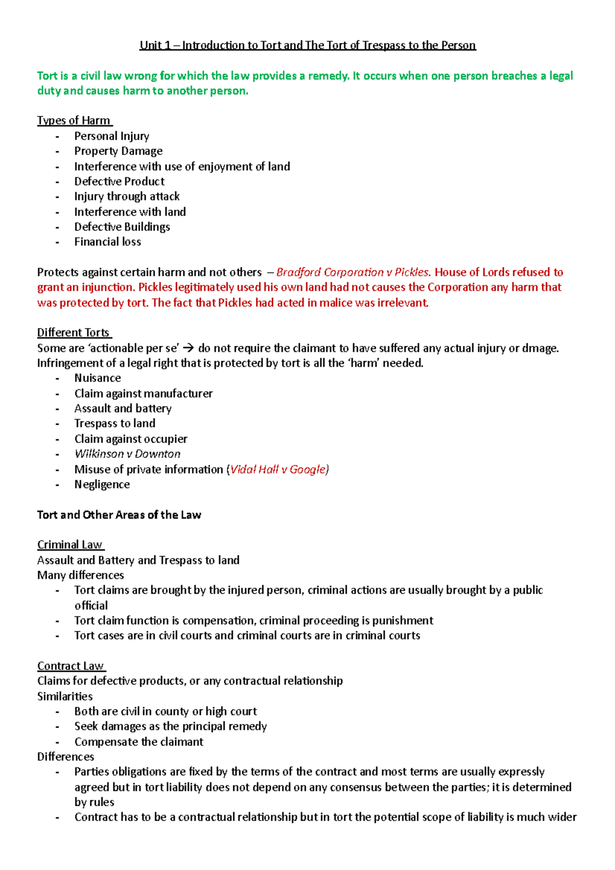 Intro to Tort Revision Notes - Unit 1 – Introducion to Tort and The ...