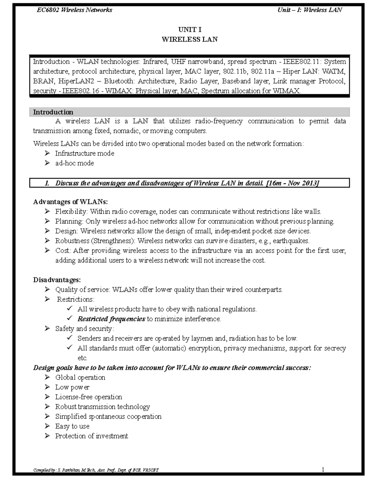 01 UNIT I Wireless LAN (F) - UNIT I WIRELESS LAN Introduction - WLAN technologies: Infrared, UHF ...