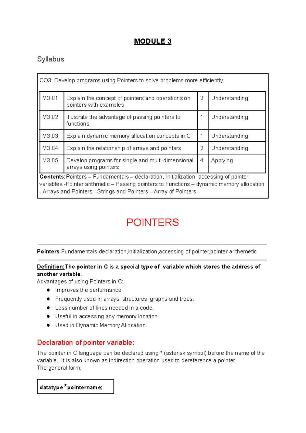 PC Module 3 - advance c program - MODULE 3 Syllabus CO3: Develop ...