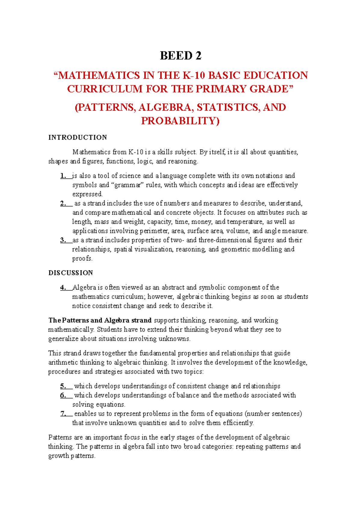 Degama- Midterm - none - BEED 2 “MATHEMATICS IN THE K-10 BASIC EDUCATION CURRICULUM FOR THE ...