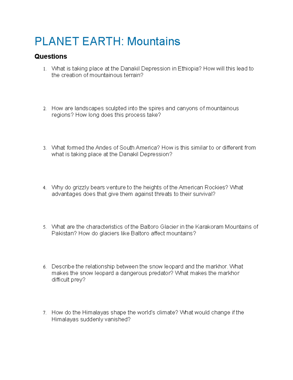 Nuclear engineering practice sample - PLANET EARTH: Mountains Questions ...