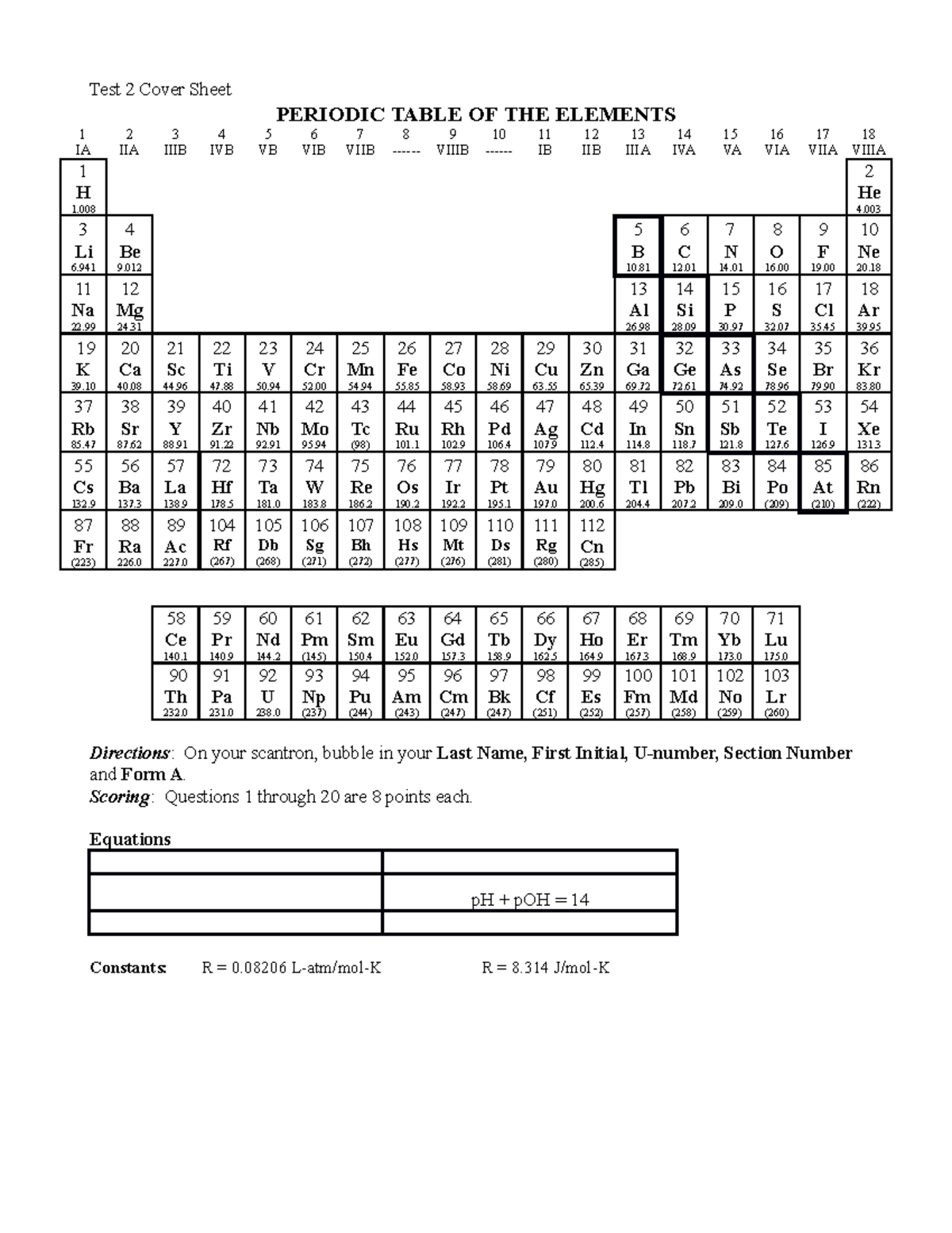 Test 2 Cover Sheet - Test 2 Cover Sheet PERIODIC TABLE OF THE ELEMENTS ...