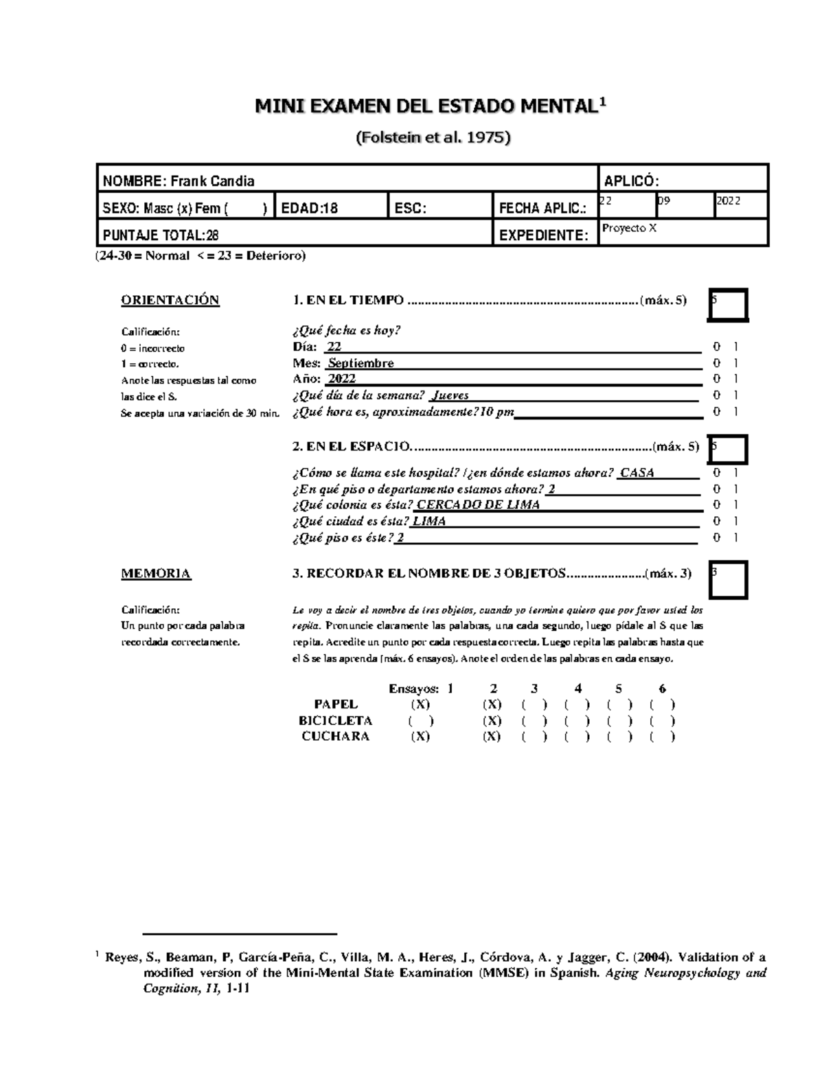 Minimental - Tarea - MINI EXAMEN DEL ESTADO MENTAL 1 (Folstein et al ...
