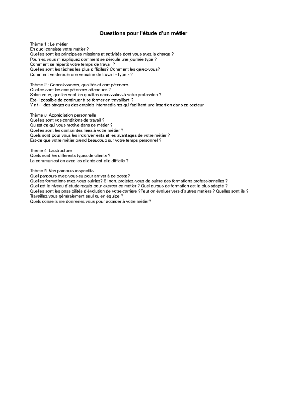 Questions - Interview métier - Questions pour l’étude d’un métier Thème ...