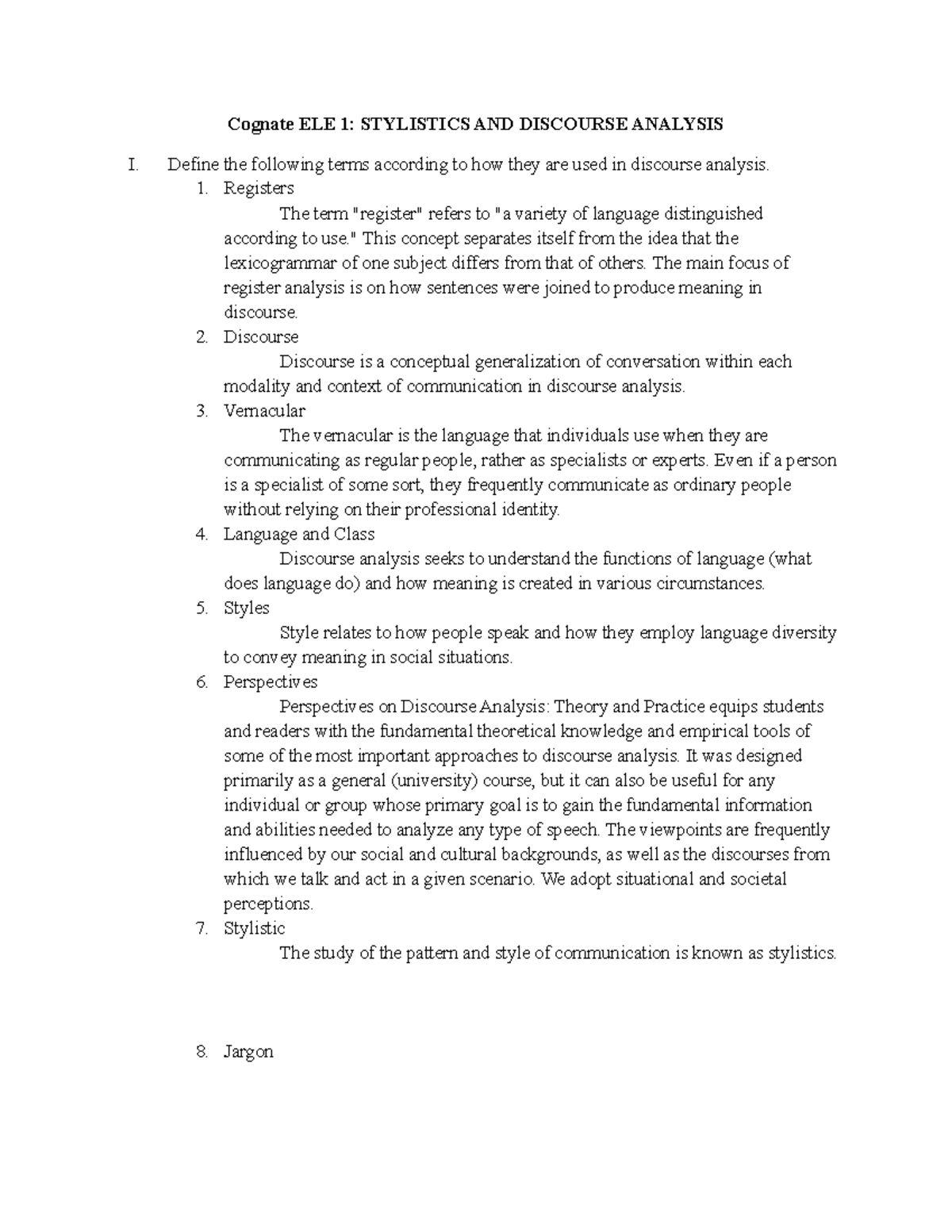 Midterm ELE 1 - lesson about stylistic and discourse analysis - Cognate ELE 1: STYLISTICS AND ...