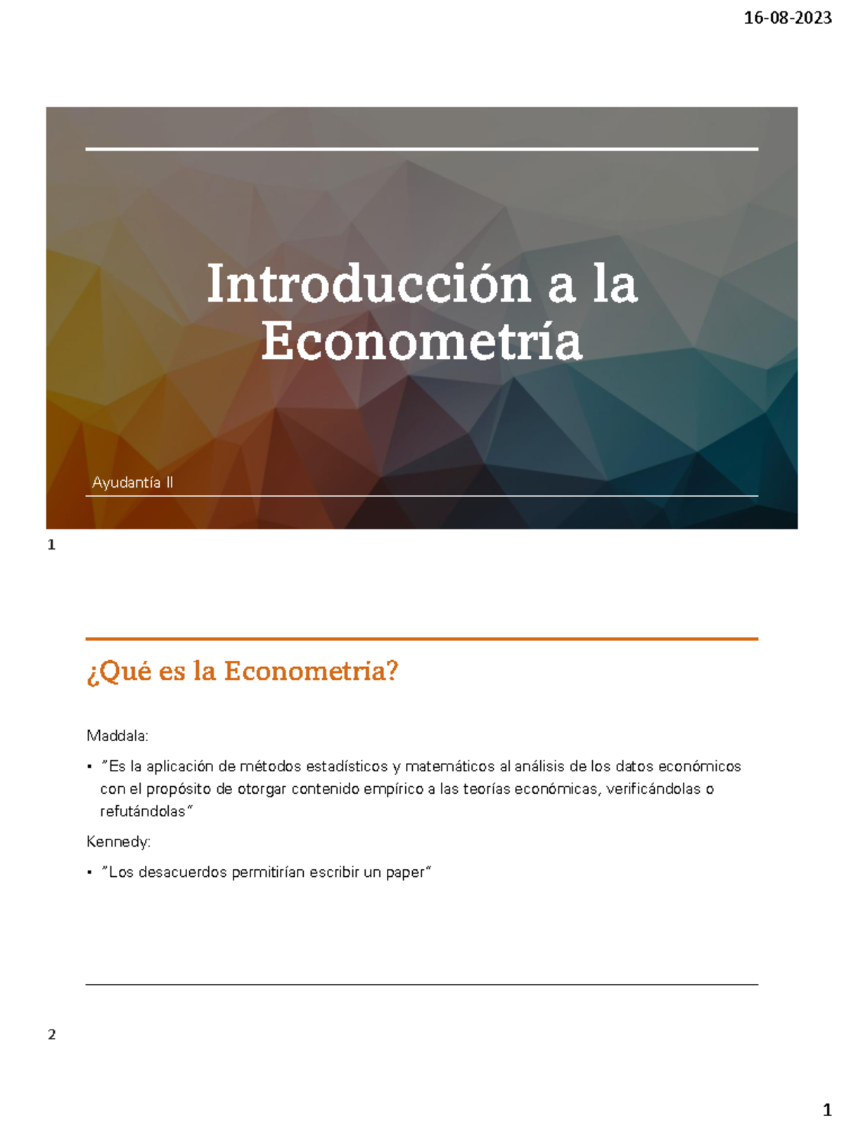 Actividad II - Introduccion a la Econometría - IntroducciÛn a la EconometrÌa AyudantÌa II øQuÈ ...