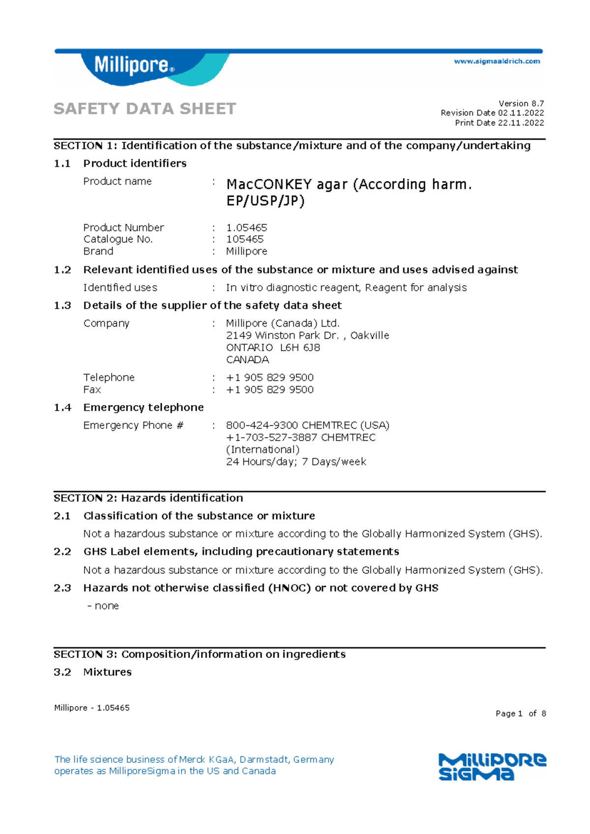 105465 SDS CA Z8 - ........ - Millipore - 1. Page 1 of 8 The life ...