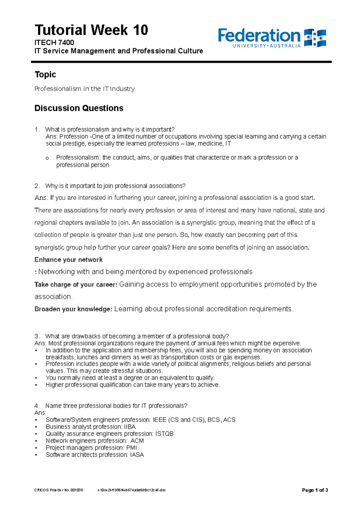 Tutorial Tasks Week 10 of itsm - Tutorial Week 10 ITECH 7400 IT Service Management and ...