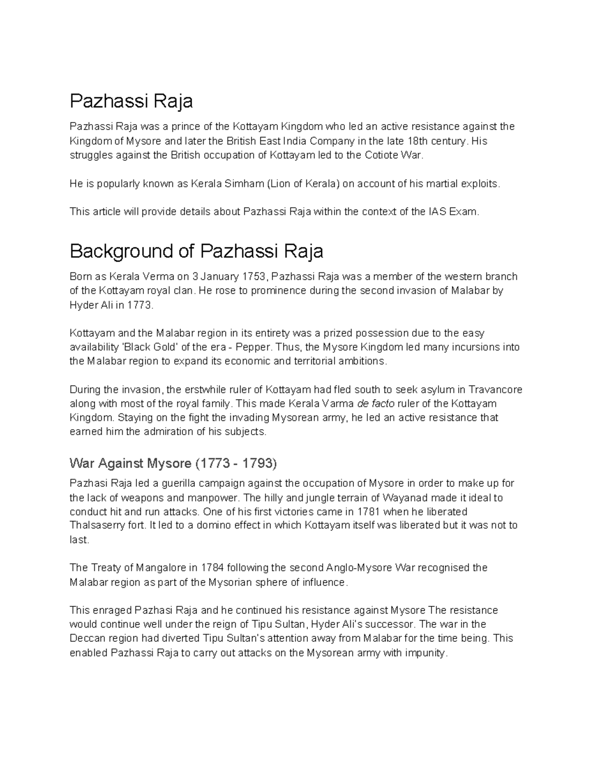 Pazhassi-Raja - Pazhassi Raja - Pazhassi Raja Pazhassi Raja was a ...