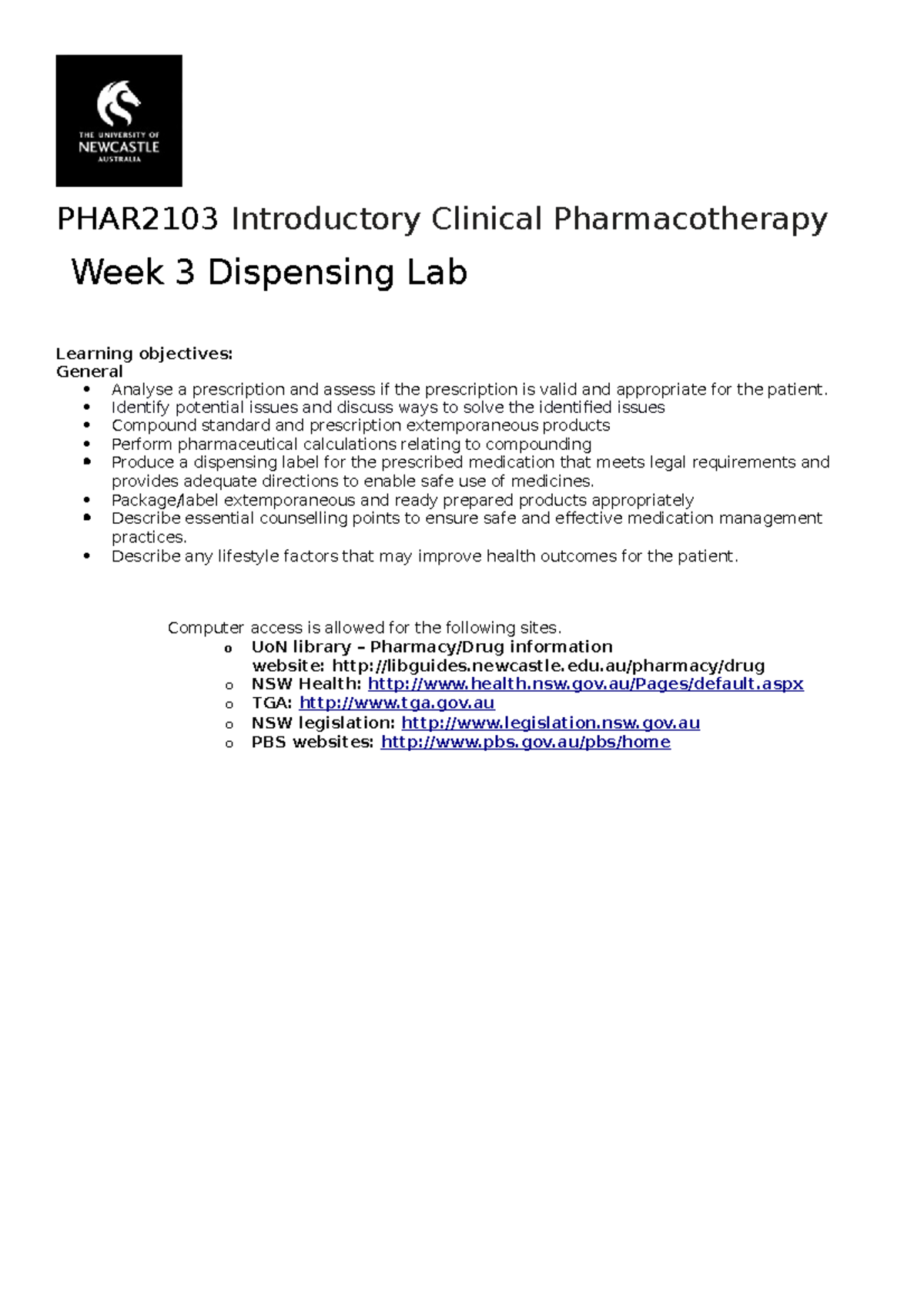 Dispensing Worksheet - Week 3 - PHAR2103 Introductory Clinical ...