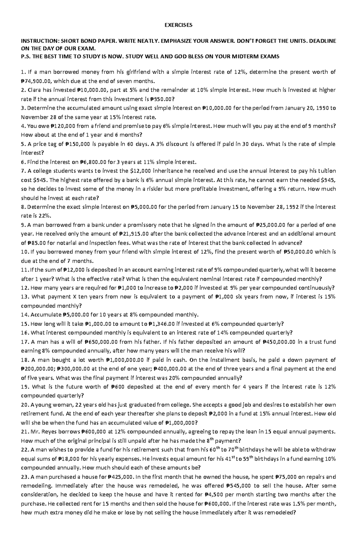 Exercise - EXERCISES INSTRUCTION: SHORT BOND PAPER. WRITE NEATLY ...