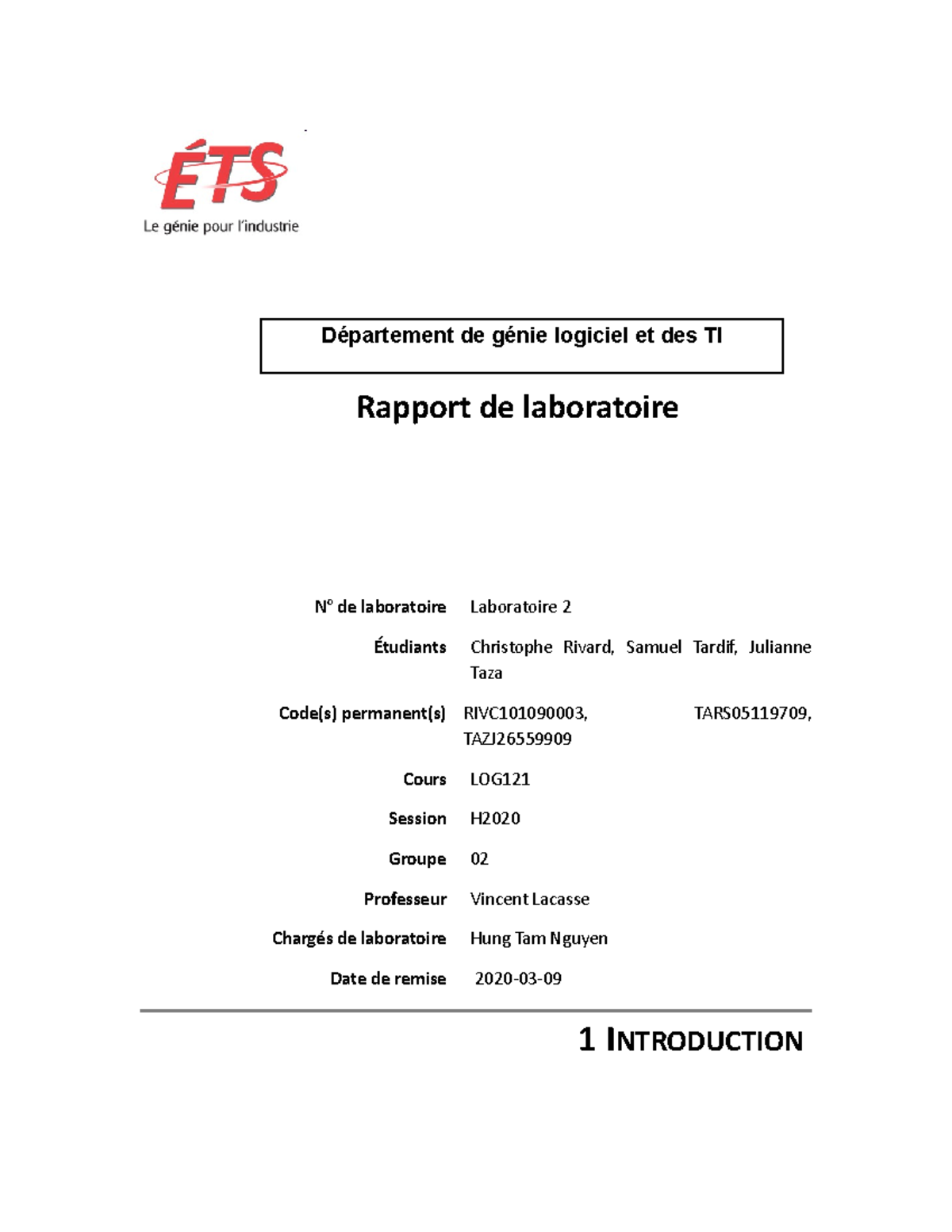 Le laboratoire #2 - Rapport de laboratoire No de laboratoire ...