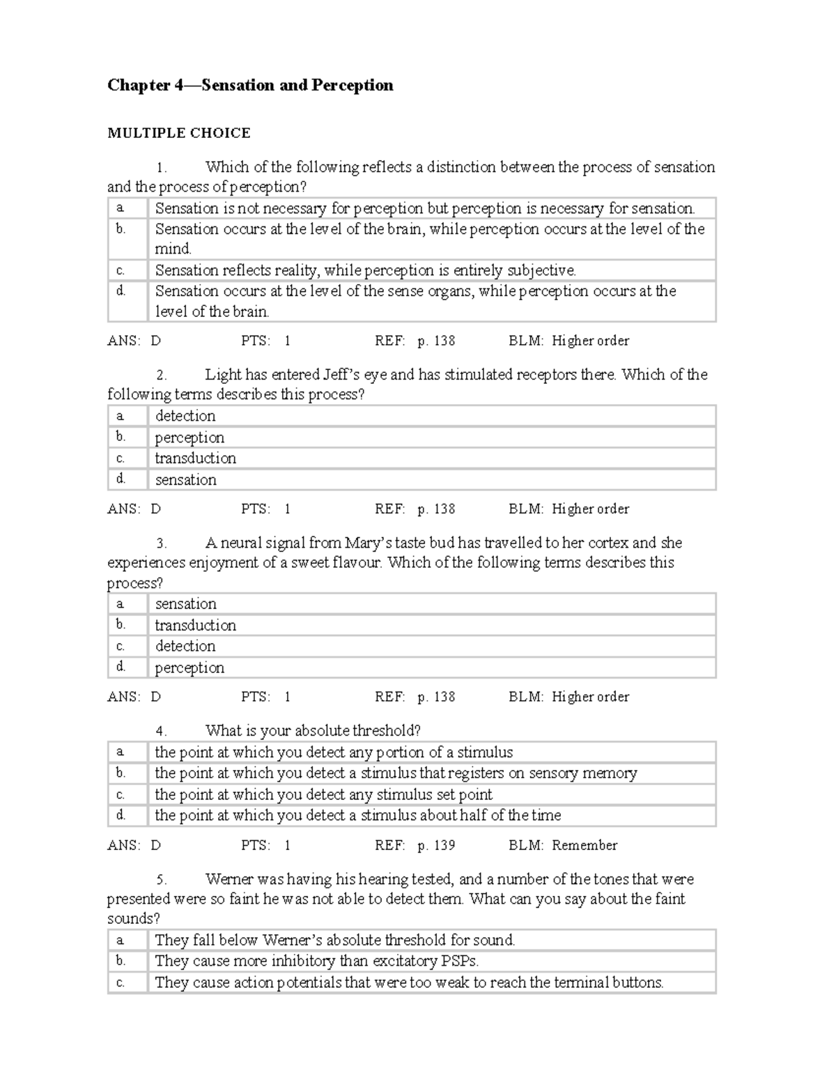 Sample/practice exam 2016, questions and answers - Chapter 4—Sensation and Perception MULTIPLE ...
